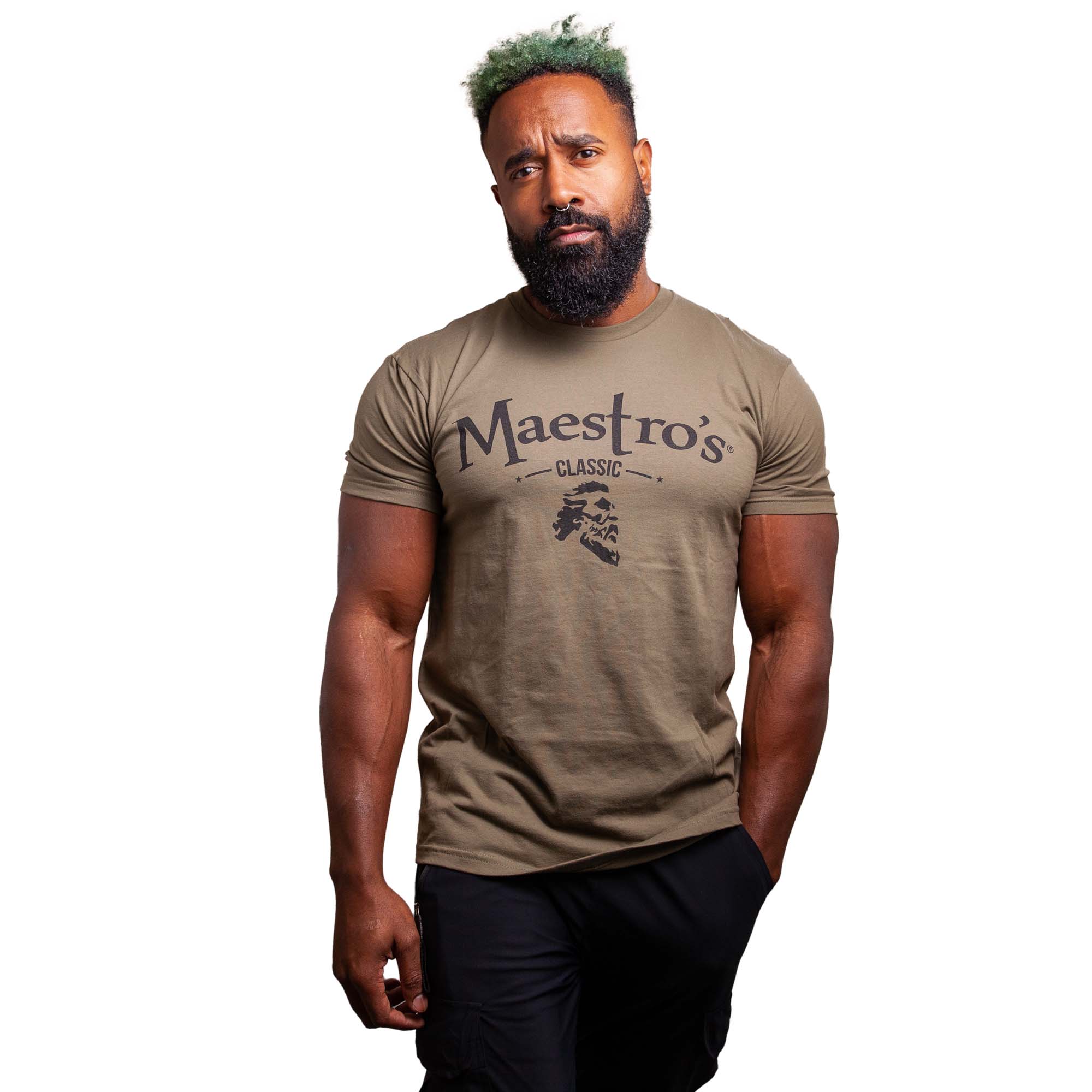 Maestro's Classic Army Green Tee - Black Logo